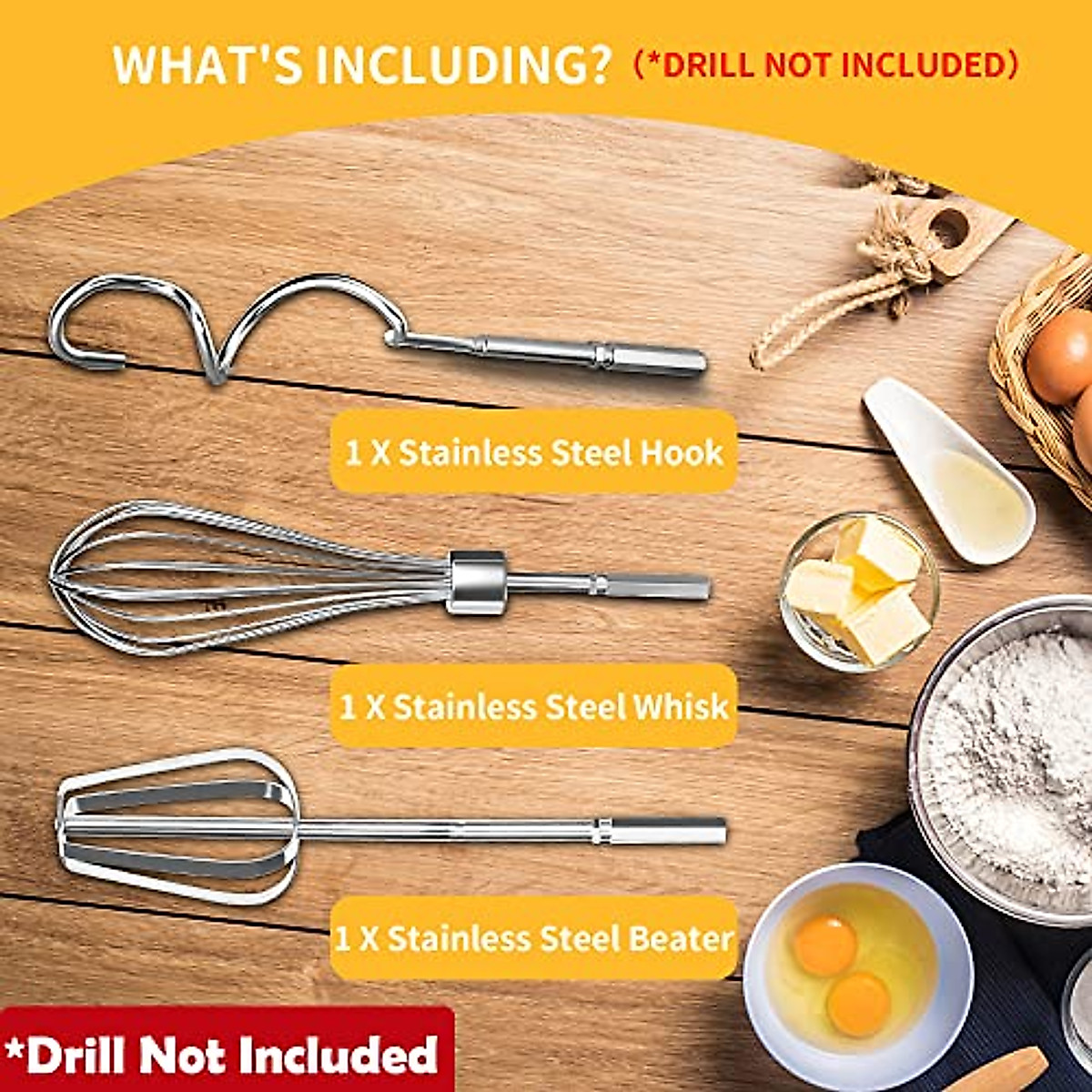 3Pcs Hand Mixer Electric Attachments Set for Drill, HOMICOZY Stainless Steel Mixer Electric Handheld Egg Beater, Whisk & Dough Hook for Drill, Mixer Handheld Drill Attachments for Drill (Not Included) Dishwasher Safe 7.5inch
