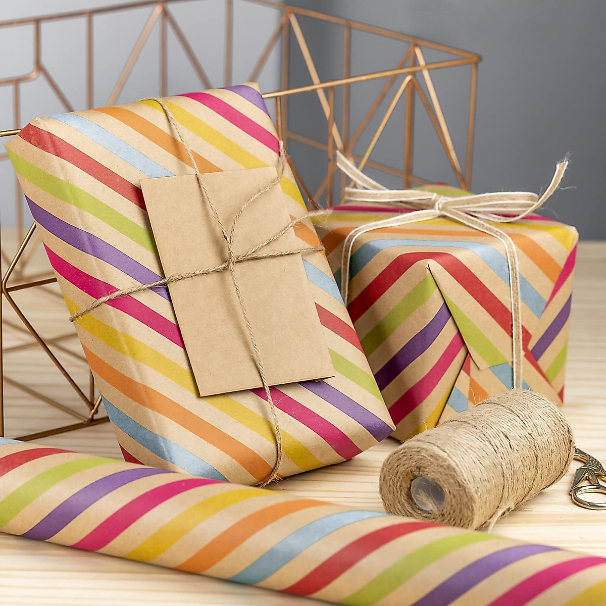 RUSPEPA Kraft Wrapping Paper Roll - Rainbow Stripe Pattern - 24 Inches x 100 Feet