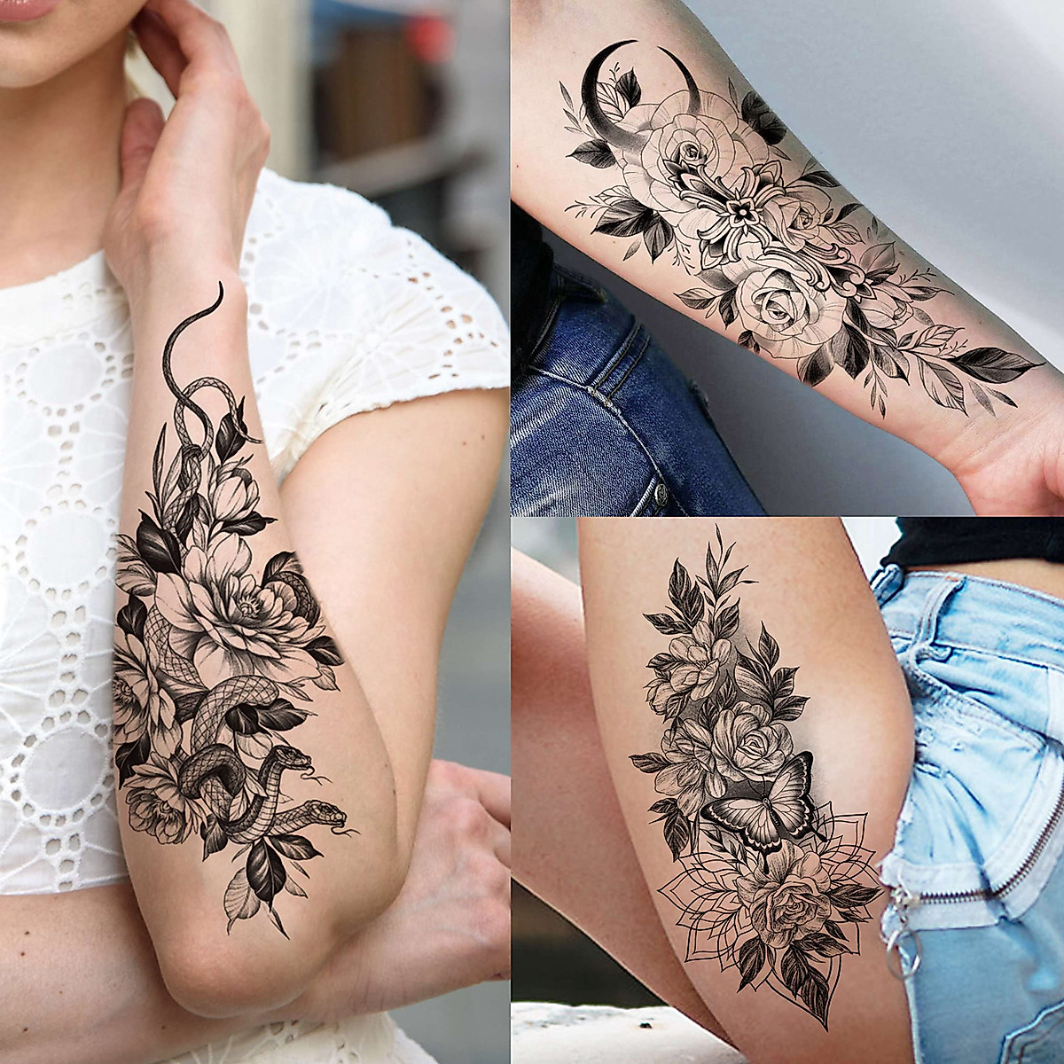 VANTATY 61 Sheets 3D Snake Flower Temporary Tattoos For Women Girls Neck Arm, 12 Sheets Realistic Floral Fake Tattoo Stickers Thigh, Waterproof Temp Transfer Tatoo Adults Rose Sunflower Butterfly