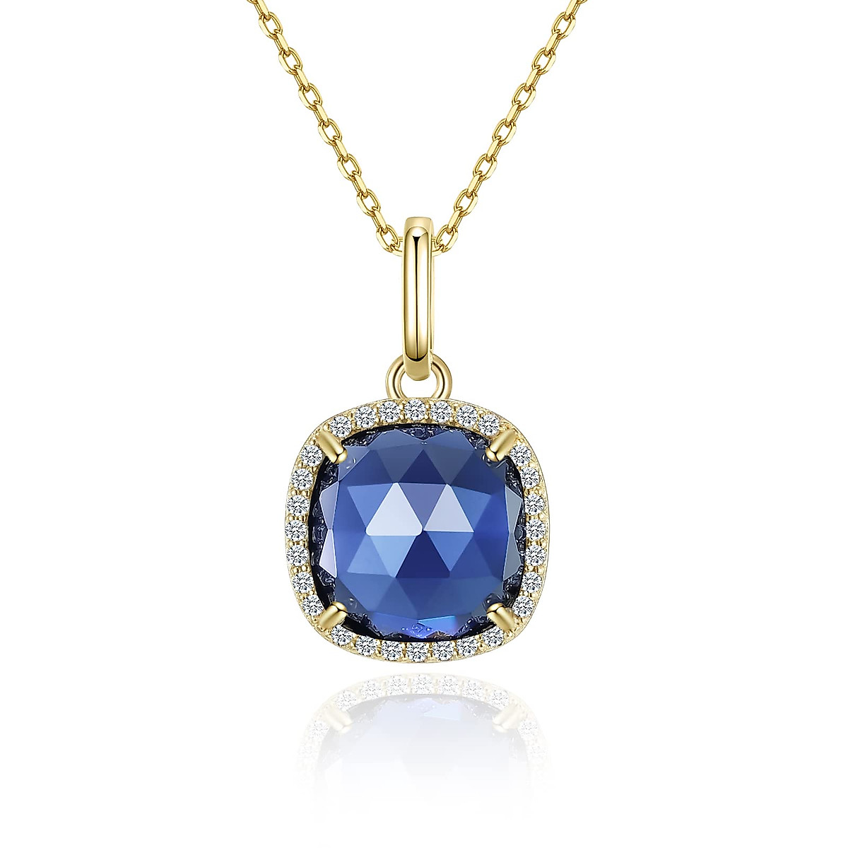 Jupiter Natural Gemstone Pendant Necklace,14k Gold/Rhodium Plated Genuine Gemstone Square Pendant Necklace for Ladies & Girls, Gold Plated, Sapphire