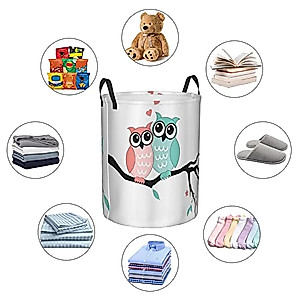 Laundry Basket,Owl Couple Sitting On Tree Branch Valentines Romance Love,Large Canvas Fabric Lightweight Storage Basket/Toy Organizer/Dirty Clothes Collapsible Waterproof For College Dorms-Large
