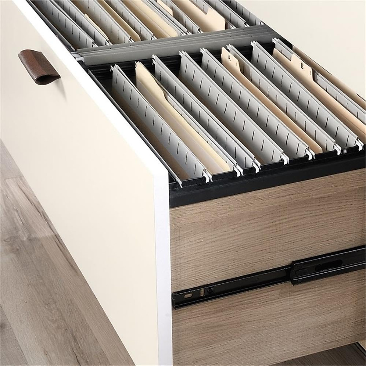 Sauder Anda Norr Wood Lateral File Cabinet with White Accents, Sky Oak Finish