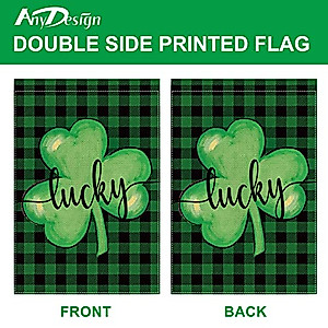 AnyDesign St. Patrick's Day Garden Flag Double-Sided Lucky Shamrock Yard Flag Rustic Green Black Buffalo Plaid Farmhouse Shamrock Outdoor Decoration for Irish Holiday, 12.5 x 18 Inch