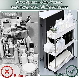 Slim Storage Cart, 3 Tier Mobile Shelving Unit Organizer, Slide Out Rolling Utility Cart Shelf Rack for Kitchen Bathroom Laundry Room Narrow Places, Plastic & Stainless Steel, White