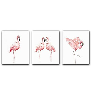 HPNIUB Nordic Flamingo Wall Art Prints Set Of 3 (8”X10”Canvas Watercolor Animals Painting Modern Wall Decor For Nursery Cafe , No Frame