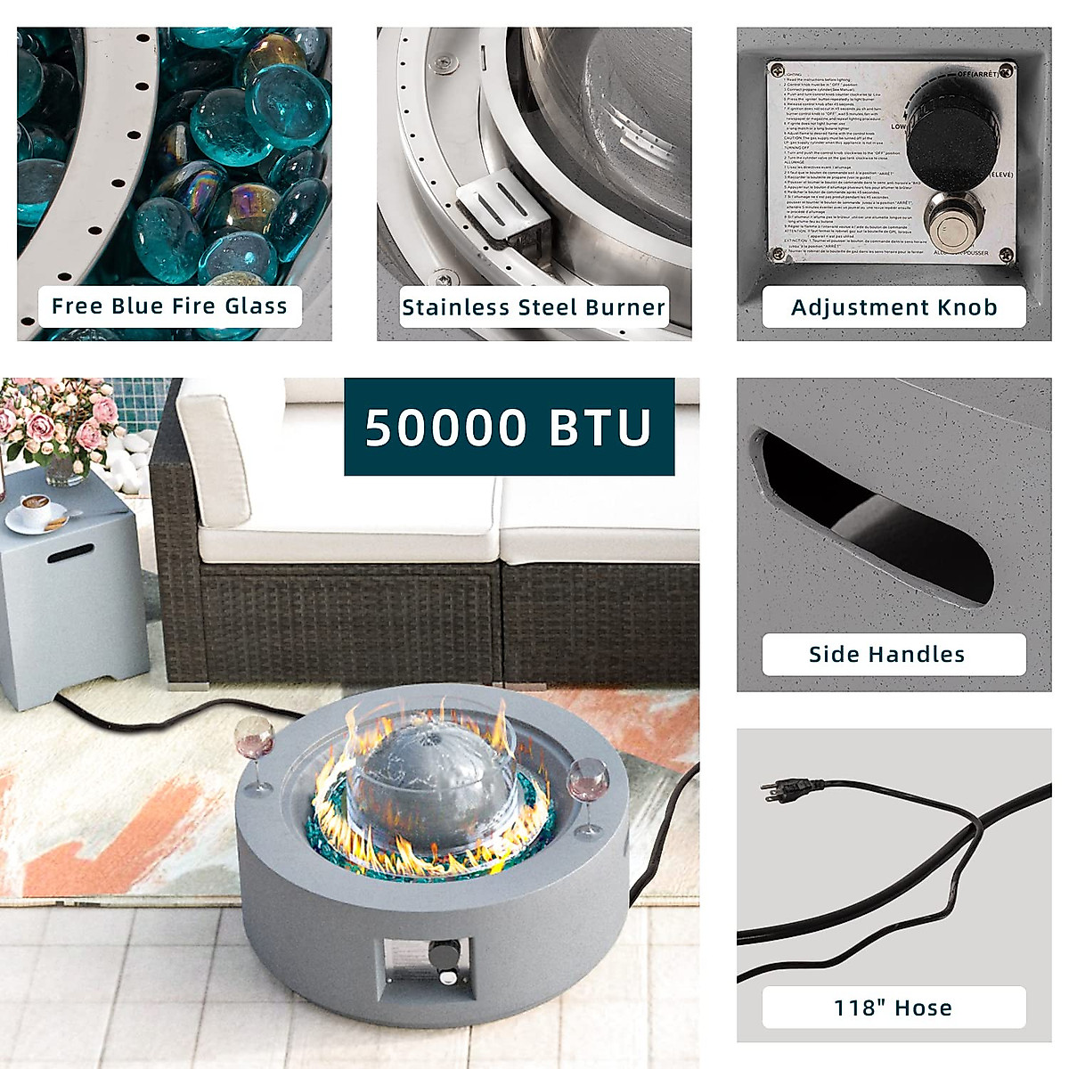 HOMPUS Outdoor Fountain Propane Fire Pit 50,000 BTU 29.3-inch Round Concrete Gas Fire Table Smokeless Firepit with Tank Cover,Wind Gurad,Glass Stone and Rain Cover for Garden,Deck,Backyard