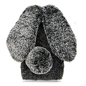 Jorisa Plush Rabbit Case for Oneplus Nord N100,Cute Furry 3D Bunny Ears Hairball Winter Warm Soft Fluffy Fuzzy Girls Women Cover with Crossbody Shoulder Strap Neck Lanyard Case,Dark Gray