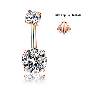 HQLA 14G Surgical Steel Belly Button Rings Round Cubic Zirconia Navel Barbell Studs Sexy Body Piercing (1 PC Clear (Rose Gold))