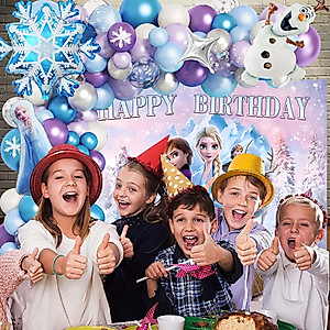 Frozen Birthday Party Supplies, Frozen Party Decorations Includes Snowflake Balloon Garland Arch Kit,Frozen Backdrop, Frozen Tablecloth, Elsa, Snowman and Snowflake Foil Balloon