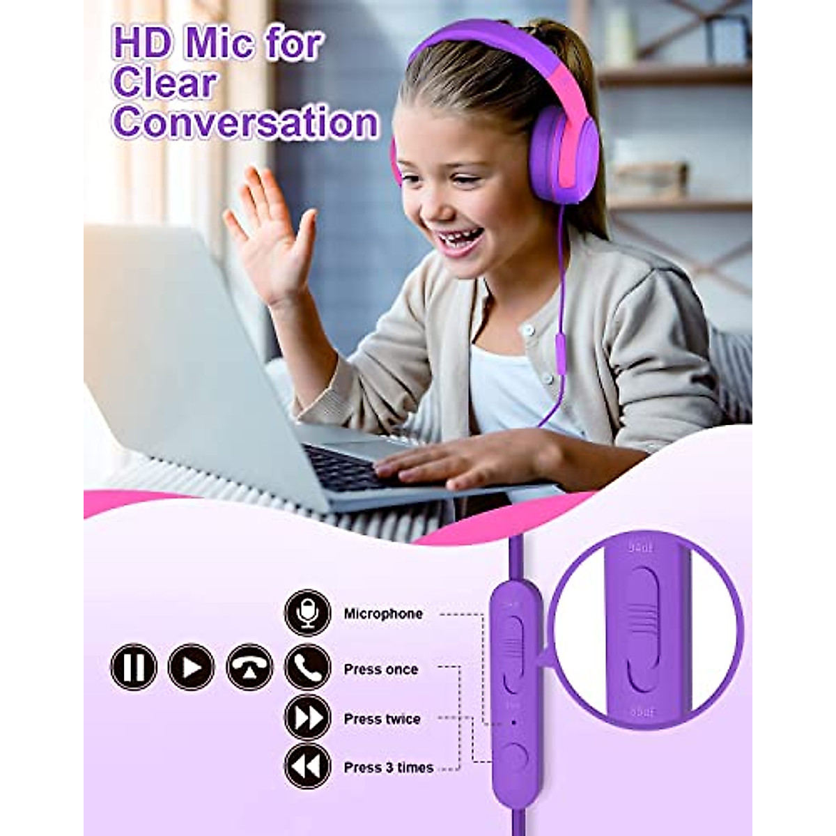 ELECDER Kids Headphones, S8 Wired Headphones for Kids with Microphone for Boys Girls, Adjustable 85dB/94dB Volume Limited, 3.5 mm Jack for School/Kindle/Smartphones/Tablet/Airplane Travel(Purple/Red)