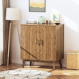 MIERES Buffet Sideboard Bar Cabinet, Industrial Wine Cabinet with Wine Rack and Glasses Holder, Freestanding Storage Cabinet with Double Doors for Kitchen, Dining Room, Living Room (Light Brown)