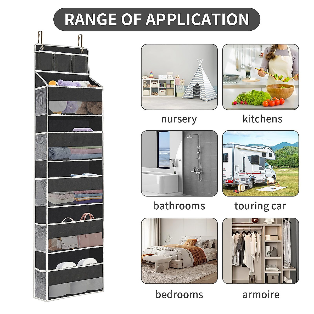 clbutge Over The Door Organizer, 5 Shelf Clear Hanging Storage with 5 Large Pockets 10 Mesh Side and 3 PVC Pockets, Heavy Duty Baby Organization for Pantry, Nursery, Bedroom, Stuffed Toys (Black)