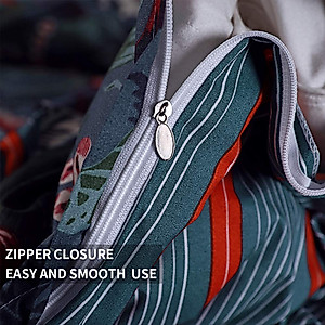 CoutureBridal Green Floral Duvet Cover Set King 3 Pieces Soft Microfiber Bedding Duvet Cover with Pink Flower Leaves Bird Pattern Reversible Striped Bedding Set Zipper Ties