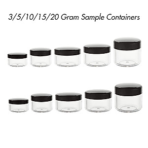 ZEJIA 10pcs Small Travel Containers, Black Sample Containers with Screw Lids, 5 Size 3/5/10/15/20 Gram Sample Jars with 12pcs Labels and 2pcs Mini Disposable Spatula, Makeup Sample Containers BPA Free