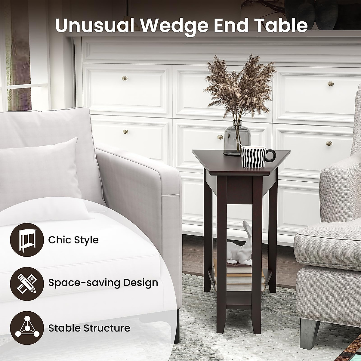 GOFLAME 2-Tier Wedge End Table, Narrow Triangle Side Table with Storage Shelf, Solid Wood Legs, Nightstand, Recliner Wedge Table for Living Room, Bedroom, Small Space, Espresso