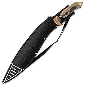 United Cutlery USMC Desert Ops Sawback Kukri With Sheath - Stainless Steel Blade, Serrations, Non-Reflective, ABS Handle, Shoulder Strap Scabbard, Cut Through Brush, For Trailblazing - Length 22”