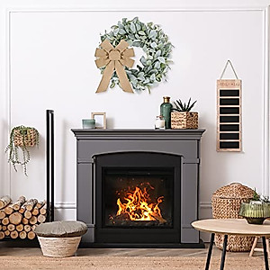 CEWOR 22 Inch Fall Wreath Flocked Lambs Ear Wreaths for Front Door Spring Summer Greenery Wreath for Wall Window with Two Bows (Burlap & Buffalo Plaid Bow)