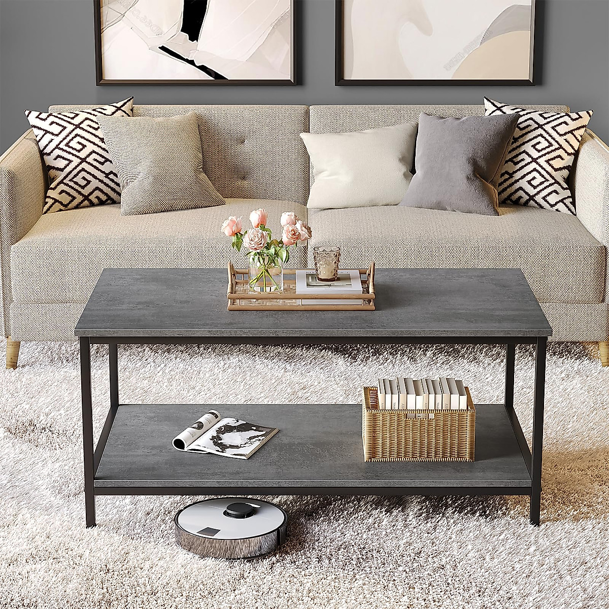 SAYGOER Coffee Table with Storage 2-Tier Industrial Center Table for Living Room, Rectangle Wood Table for Small Spaces Apartment Home Office, Concrete Gray