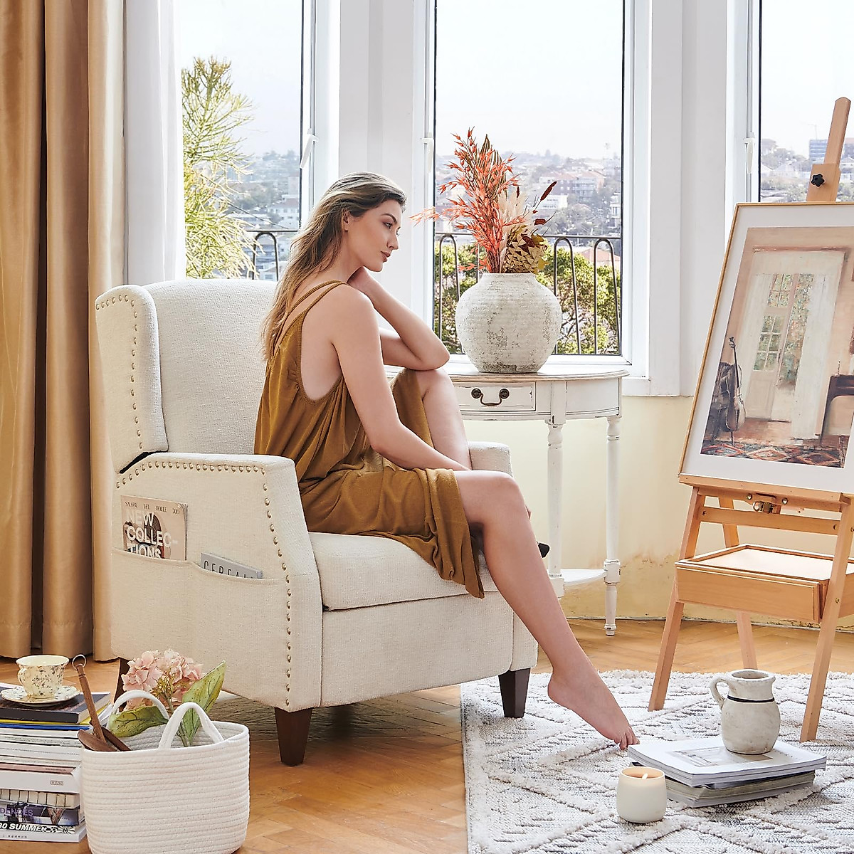 COLAMY Wingback Pushback Recliner Chair with Storage Pocket, Upholstered Fabric Living Room Chair Armchair with Wood Legs and Nailhead Trim, Beige