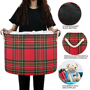 Kigai Christmas Green Buffalo Plaid Large Round Storage Basket with Handle, Collapsible Decorative Laundry Baskets for Blanket, Cotton Rope Organizer Toys Towels Nursery Hamper Bin, 20" x 14"