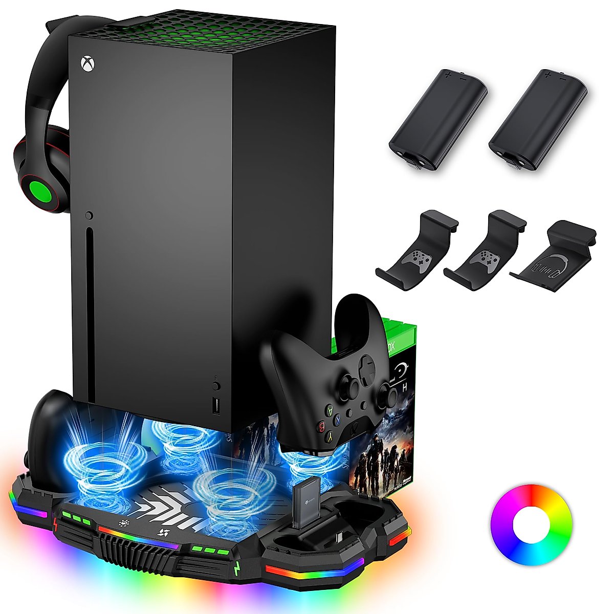 Cooling Fan Charging Stand for Xbox Series X Console and Controller - Vertical Cooler System & Charger Station with 15 RGB Light Modes, 2 Batteries and 3 Holders for Xbox Series X Accessories Storage