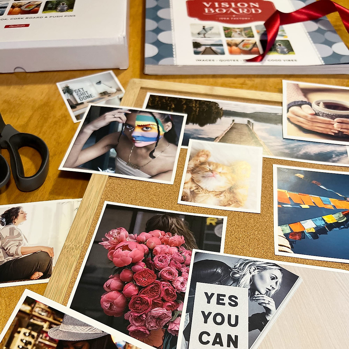 3-in-1 Vision Board Kit - Clip Art Book, Cork Board, Push Pins - A Complete Mood Board Set for Scrapbooking - Collage Journal - Goal Pictures and Quotes - Scrapbook Supplies (by L’Apostrophe)