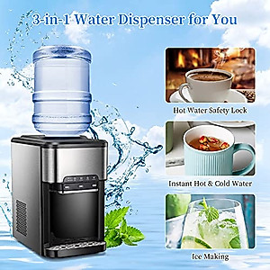 Water Dispenser for 5 Gallon Bottle, Top Loading Water Cooler with Built-in Ice Maker, Ice, Cold & Hot,12 Cubes/8Mins,Child-Safety Lock, LED Display,Stainless Steel