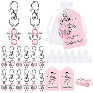 Hicarer 60 Sets Angel Keychains Baby Shower Favors 60 White Organza Gift Bags with Thank You Tags Angel Keychains for Guest (Pink)