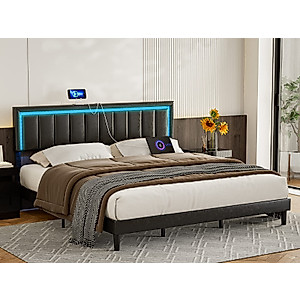 IKIFLY King Size LED Headboard with 2 USB Ports, Adjustable Height - Modern Faux Leather Headboard with Changing LED Lights - Easy Assembly, Upholstered King Headboard Only for Bedroom - Black