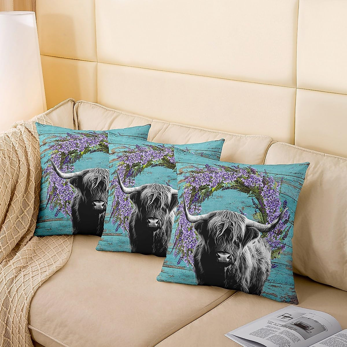 Rustic Farmhouse Wooden Board Pillow Cover Reversible Print for Bed or Sofa,Lavender Flowers Wreath Decorative Cushion Cover,Highland Cow Bull Cattle Couch Pillow Cover,Single Pack 24"x 24"