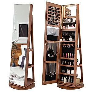 COSTWAY 360° Rotating Mirror Jewelry Armoire, Freestanding Jewelry Organizer w/ 3-Color LED Lights, Full-length Mirror w/Jewelry Storage, Lockable Jewelry Cabinet for Bedroom, Cloakroom (Walnut)