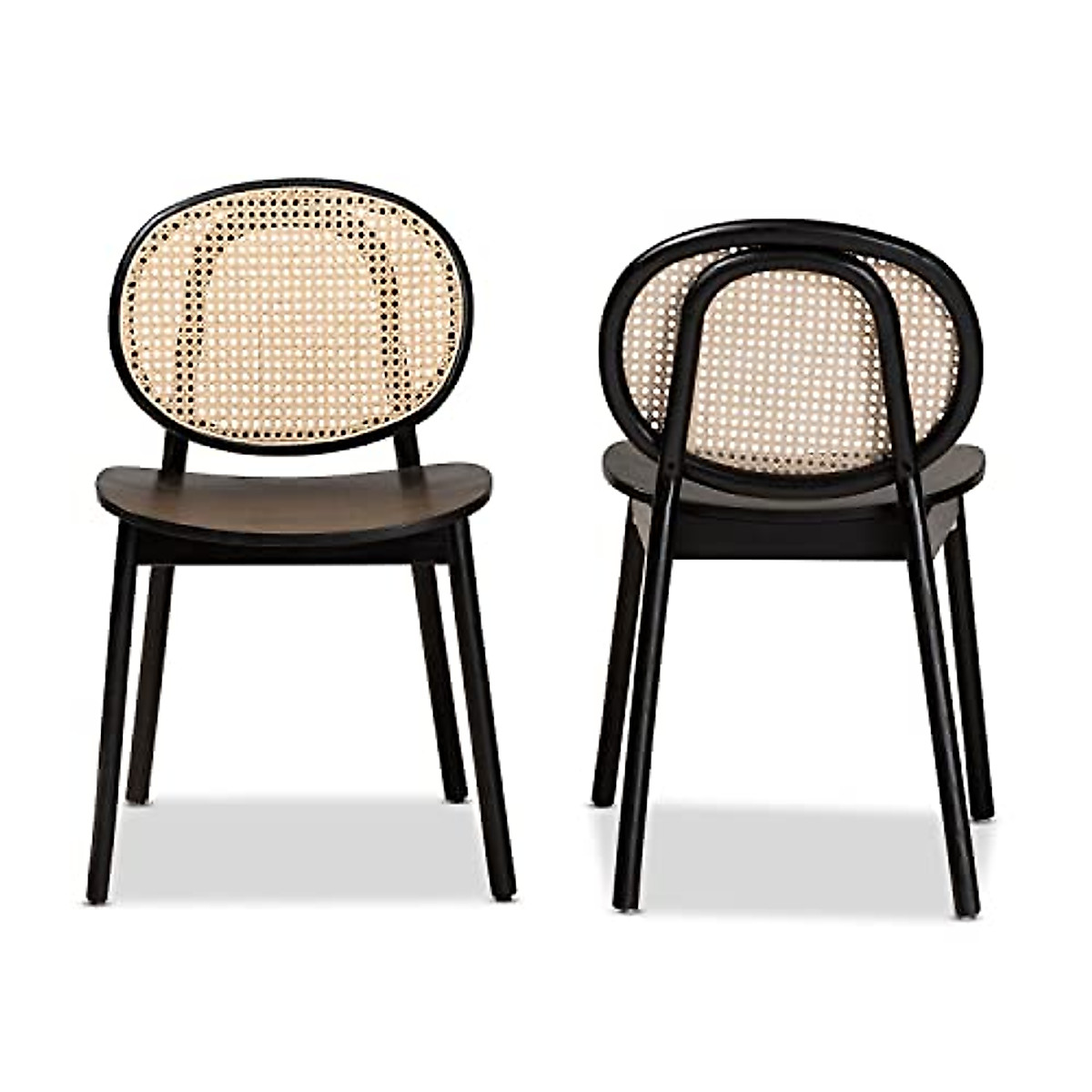 Baxton Studio Halen Mid-Century Modern Brown Woven Rattan and Black Wood Finished 2-Piece Cane Dining Chair Set