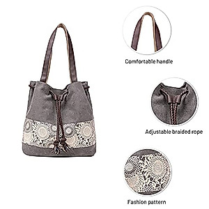 DIRRONA Womens Canvas Handbag Ladies Shoulder Bags Top Handle Bags Drawstring Bucket Bag School Travel Casual Daily Use Gray