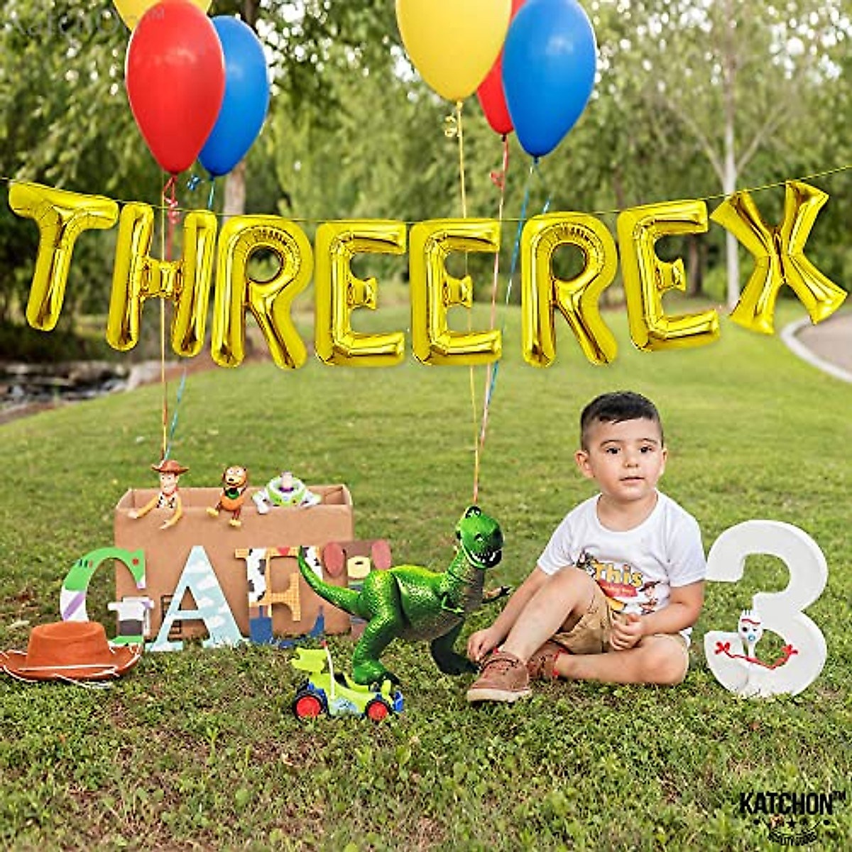 KatchOn, Huge Gold Three Rex Balloons - 16 Inch | Gold Three Rex Birthday Party Decorations | 3 Rex Birthday Decorations Boys | Three Rex Birthday Decorations Boys | Dinosaur Birthday Decorations