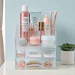 STORi Chloe Stackable Clear Makeup Holder and Double Organizer Drawer Set | Organize Cosmetics and Beauty Supplies | Made in USA