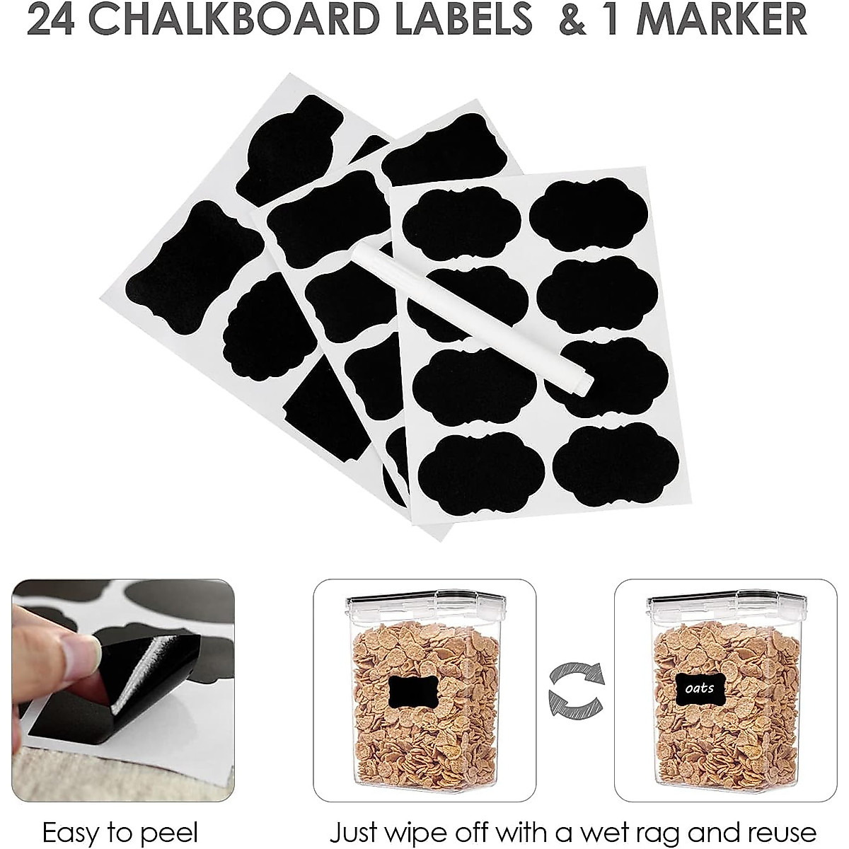 BellaCasa Essentials Airtight Food Storage Containers with Lids, 24 pcs Plastic Kitchen and Pantry Organization for Cereal, Dry Food, Sugar and Snacks, BPA free Includes Spoon, 24 Labels, Marker