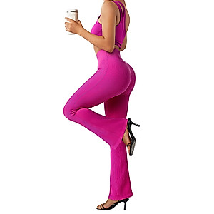 SUUKSESS Women Ribbed Seamless Tummy Control Flare Leggings Bootcut High Waist Workout Yoga Pants 29'' (Hot Pink,M)