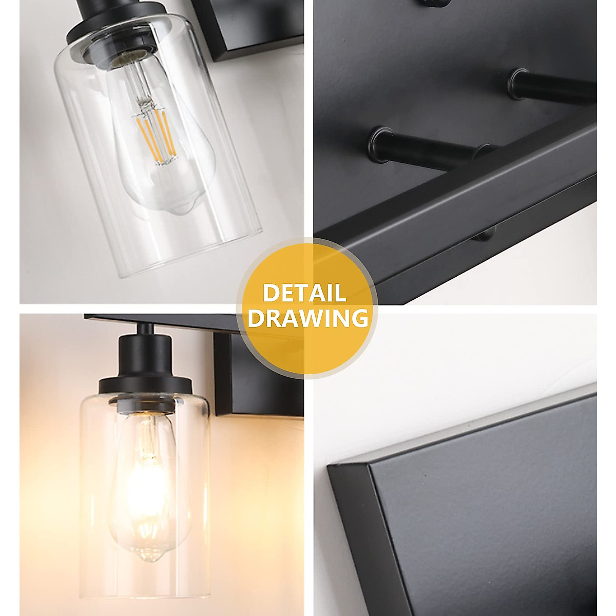 Bathroom Light Fixtures, Black 2-Light Vanity Lights, Modern Bathroom Vanity Light with Clear Glass Shade, Wall Lamp with Metal Frame over Mirror, Vanity Lights for Washroom Bedroom Hallway E26 Base