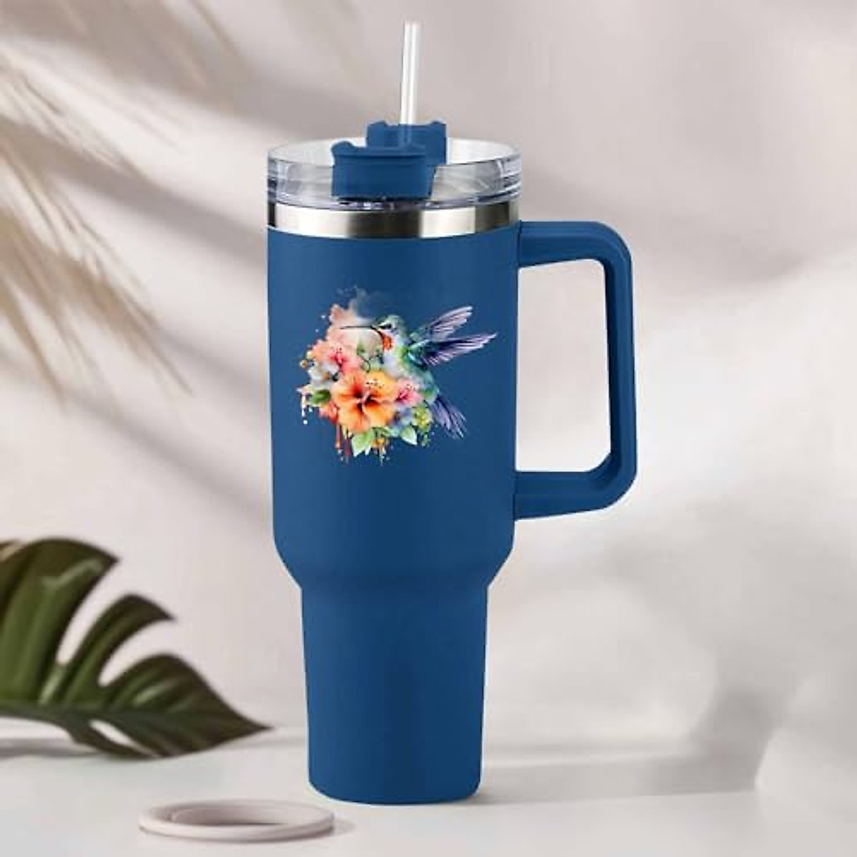 40 ounce insulated cup with handle, double-layer vacuum stainless steel material, equipped with straw, can keep warm or maintain cold drinks Flowers Hummingbird Cowboy Blue