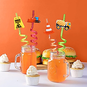24 PCS Construction Drinking Straws Reusable Excavator Bulldozer Blender Truck Plastic Beverages Cocktail Straw with Cartoon Decoration for Kids Construction Party Supplies Favors, 8 Styles