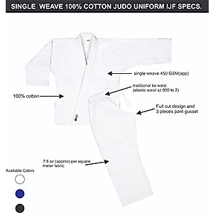 MACS Judo Single Weave Gi Kids Adults Unisex Uniform with Belt Sz 000 to 8 (White, 4(70''to75'')/195to220lbs)