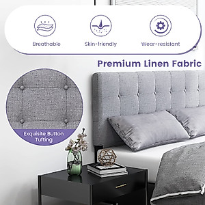 KOMFOTT Linen Upholstered Headboard for Full & Queen Size Bed Frame, Modern Tufted Button Bed Headboard with Solid Rubber Wood Legs, Rectangular Headboard with Adjustable Width, Gray
