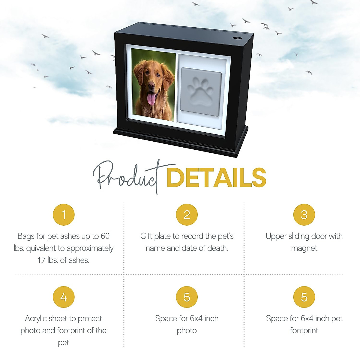 NIMBIO Dog Urns for Ashes, Pet Urn, Cat Pet Urn with Photo Frame and Paw Print Kit Sturdy Space 11.6 x 5.9 x 9.8 in | Premium Pine Wood Pet Urns | Two Bags for Ashes + Plaque for ID