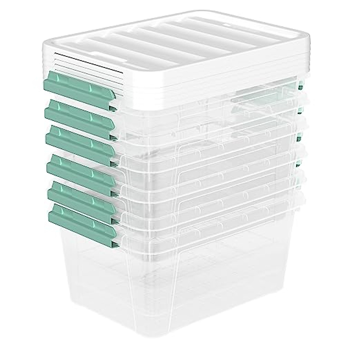 Buyitt 6-Pack 35 quart Large Plastic Storage Bin, Latching Box with Clear Base, White Lid and Green Latches