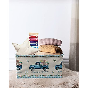 1 PCS Large Storage Basket Bins Waterproof Fabric, Easter Rectangular Storage Box for Shelf Closet Organizer Easter Egg Easter Bunny Butt Blue Plaid Spring Holiday Rustic