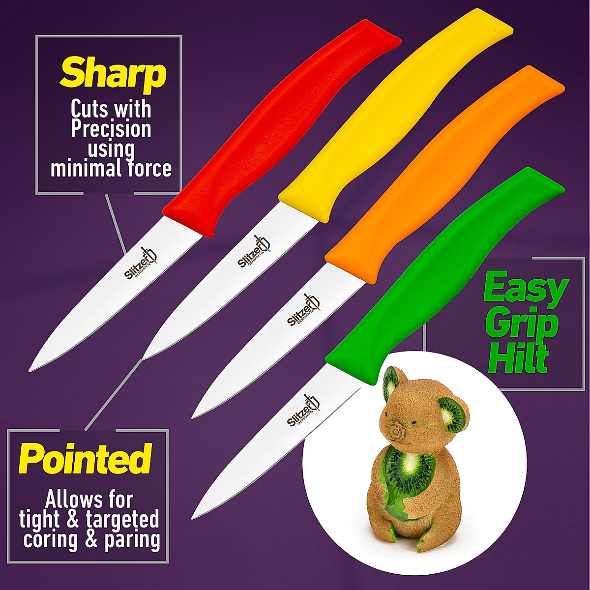 Slitzer Germany 4-Piece Paring Knife Set, 3 1/2 Inch Blade, German Stainless Steel, Colored Handles, Red, Yellow, Green, Orange