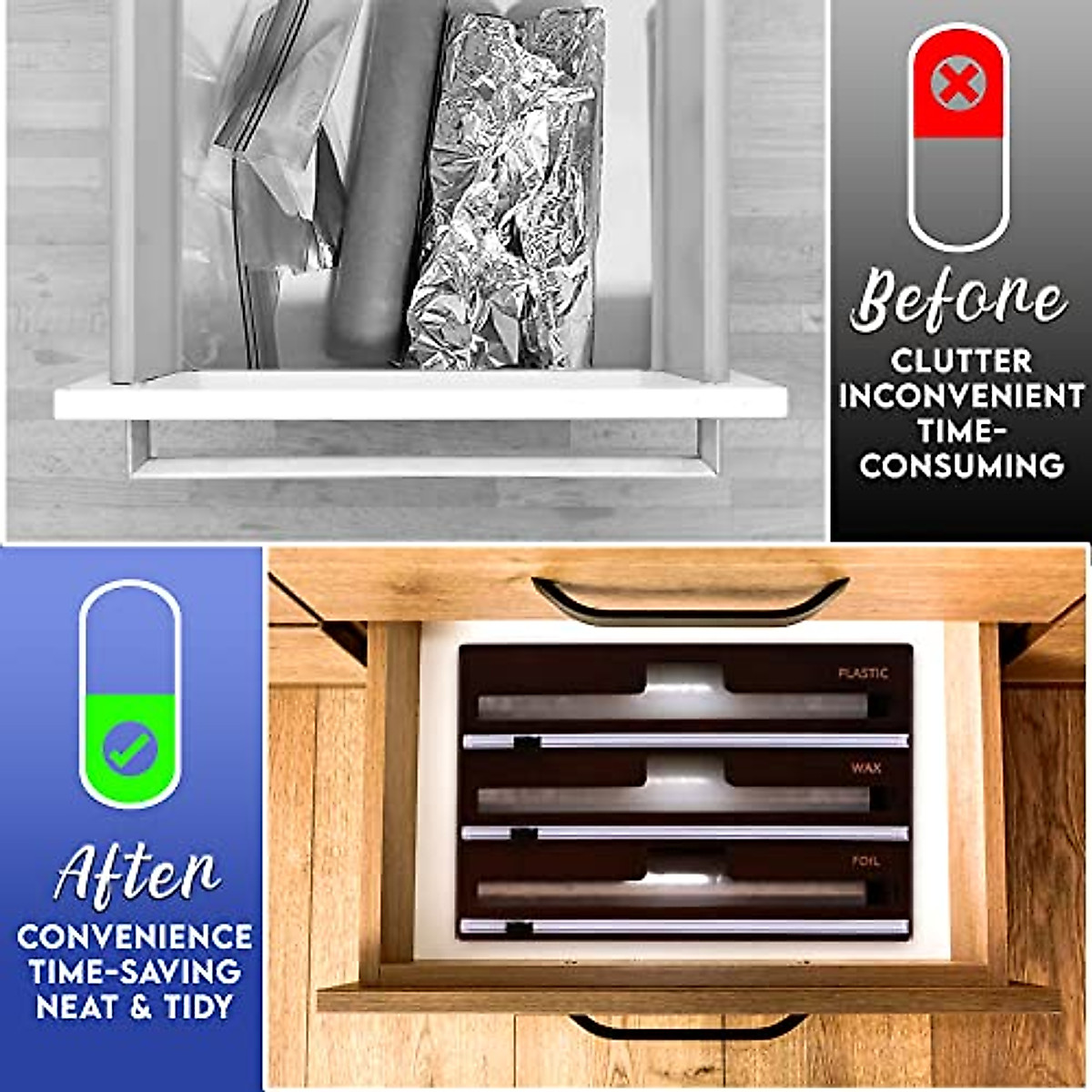 KEEP NEAT Foil and Plastic Wrap Dispenser 3 in 1 Wrap Organizer with labeled slots, Dark Brown