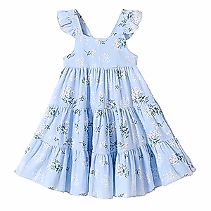 YOUNGER TREE Toddler Girls Outfits Floral Flutter Sleeve Princess Dress Summer Clothes Line Skirts for Girls(3-4T,Blue Floral)