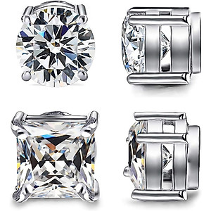 ADAIER 2 Pairs Stainless Steel Magnetic Stud Earrings for Men Women Non-piercing CZ Hypoallergenic 8MM (SE-21) (2 pairs 6mm silver)