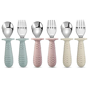 PandaEar 6 Pieces Baby Toddler Silicone Stainless Steel Utensils Silverware Spoon Fork for Baby Toddler BPA Free with Silicone Holding Anti-Choke Design